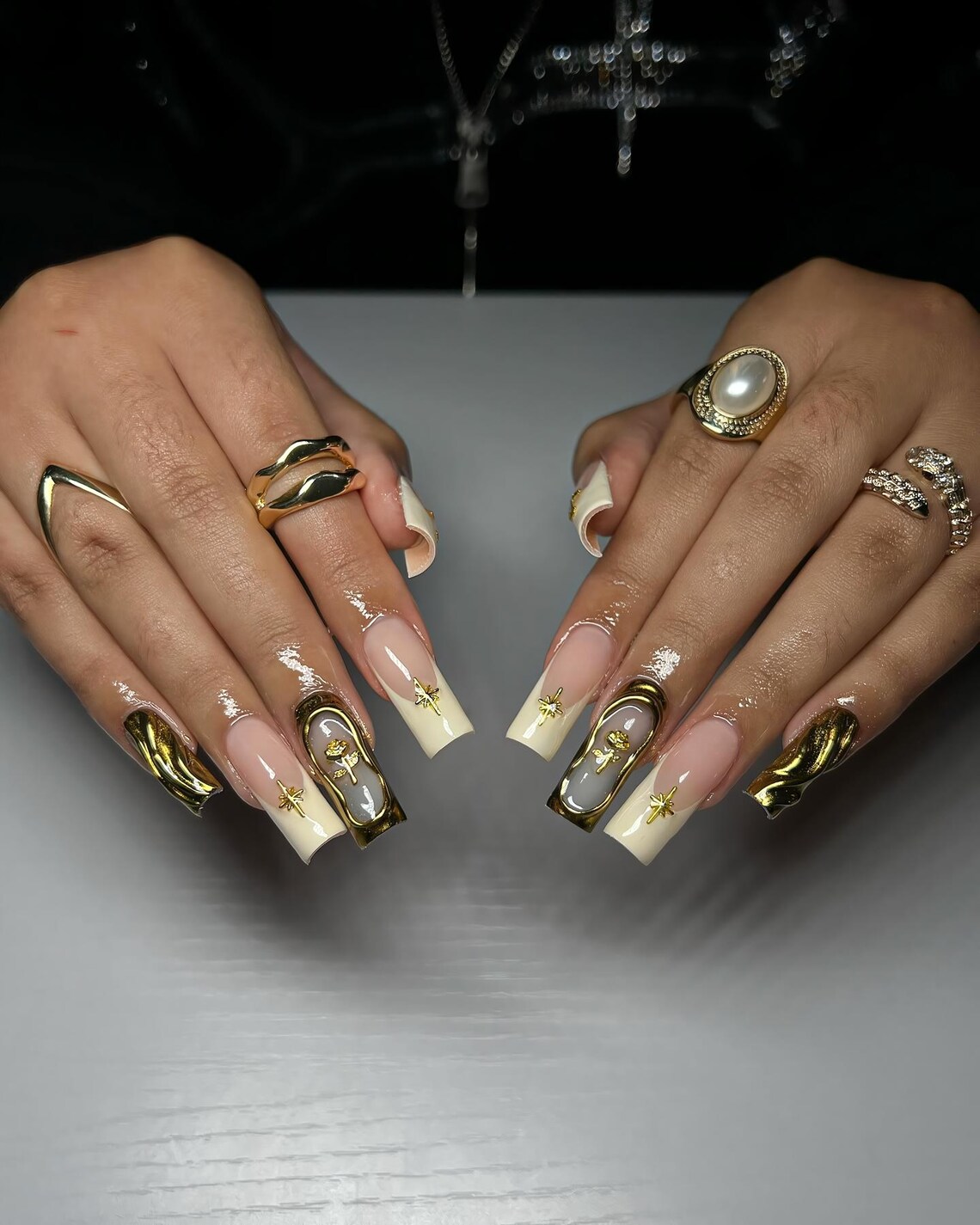 Luxury Gold Chrome Press on Nails, 3D Rose Charm Nails, Elegant French ...