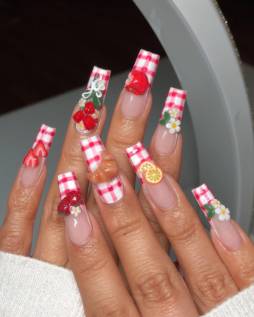 Fruit Picnic Press on Nails, Gingham Summer Nails With 3D Fruit Design ...