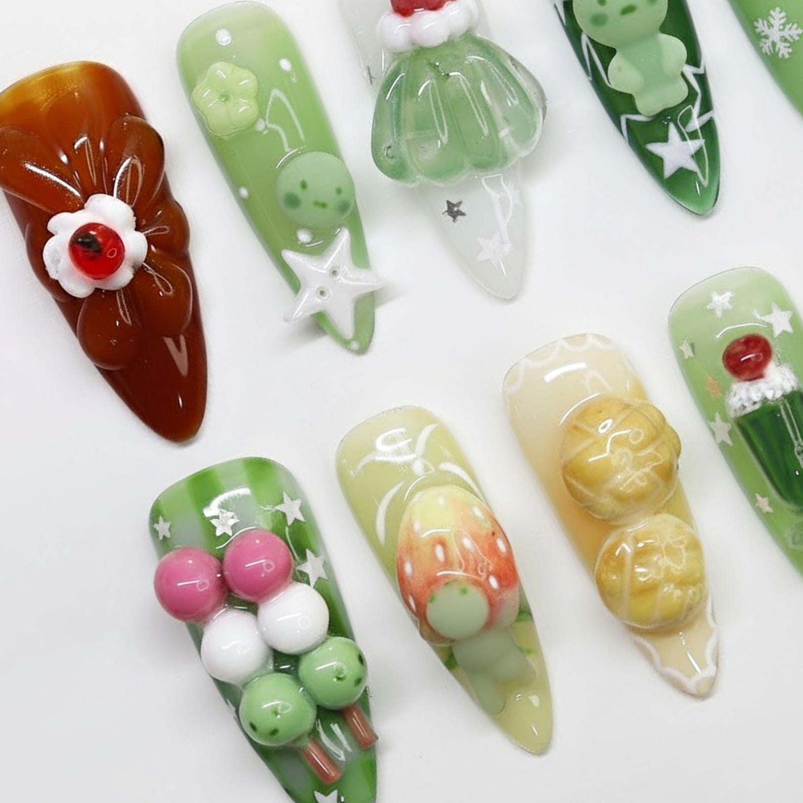 Smiski Christmas Press on Nails, Kawaii Matcha Green 3D Nail Art With ...