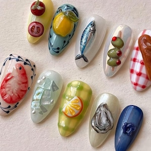 Mediterranean Food Press on Nails, 3D Seafood Bread Olive Nail Art ...