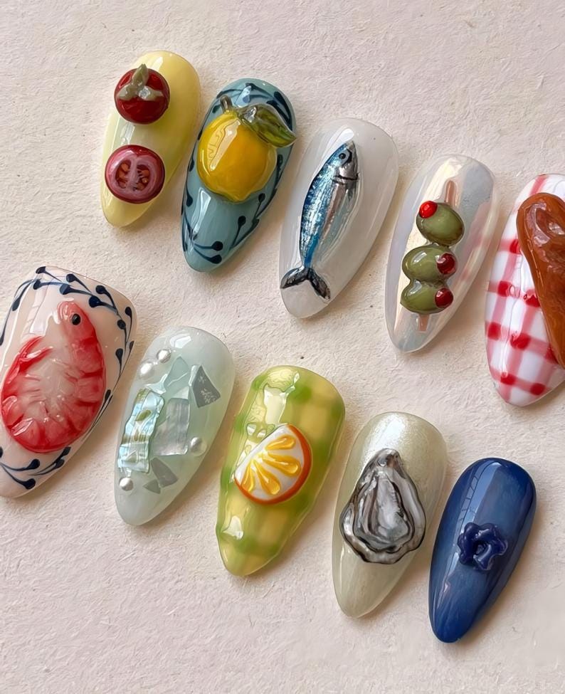 Mediterranean Food Press on Nails, 3D Seafood Bread Olive Nail Art ...