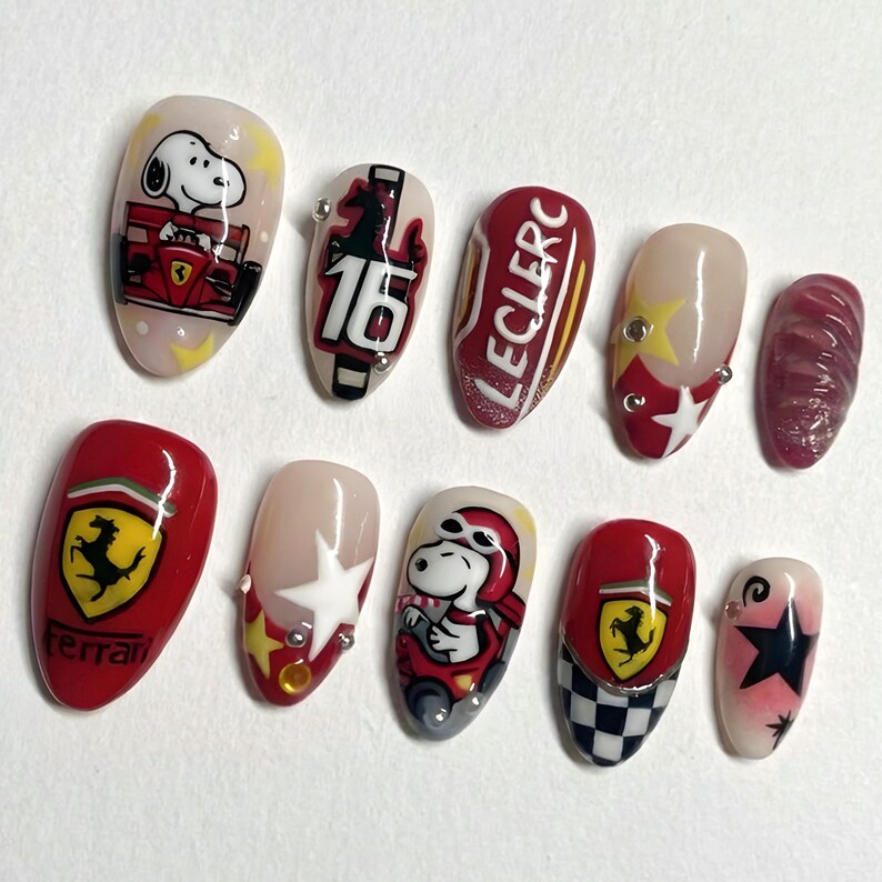 F1 Racing Inspired Press on Nails, Snoopy Racing Nails, Red Motorsport ...