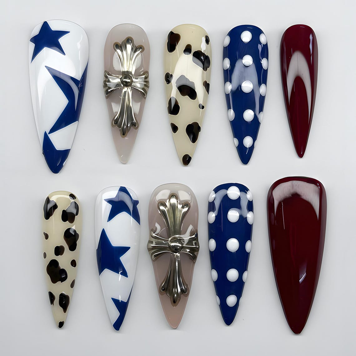 Y2K Chrome Cross Press on Nails, Blue Star and Cow Print Nail Set,3d ...