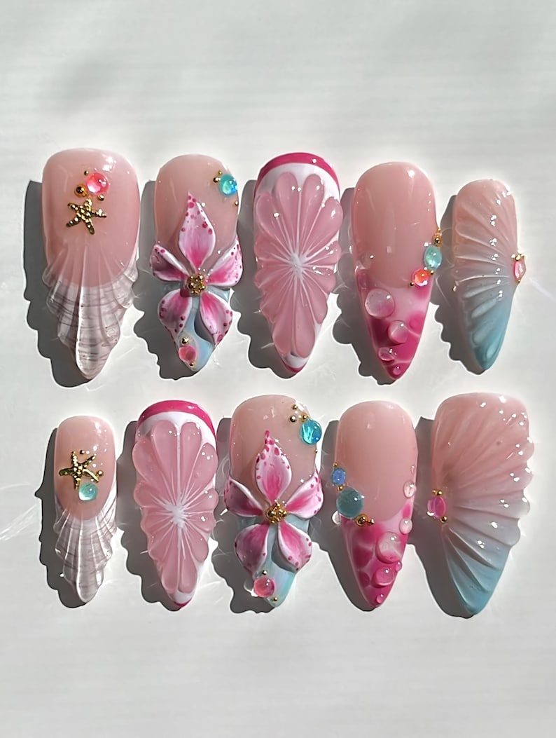 Mermaidcore Press on Nails, 3D Seashell and Tropical Flower Nails, Pink ...