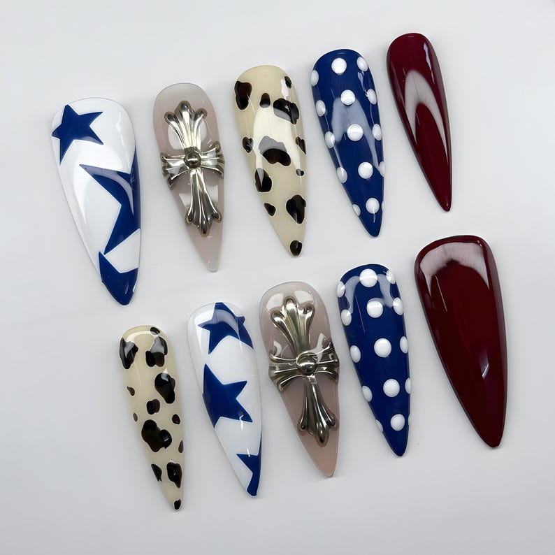 Y2K Chrome Cross Press on Nails, Blue Star and Cow Print Nail Set,3d ...