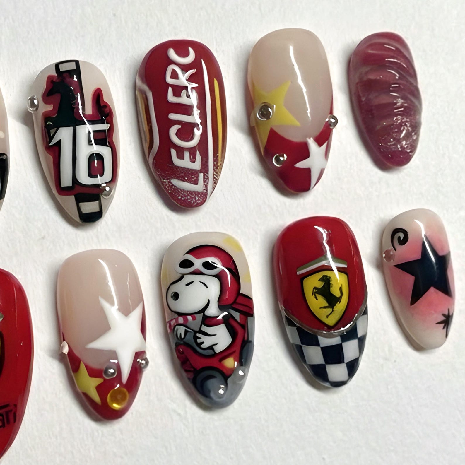 F1 Racing Inspired Press on Nails, Snoopy Racing Nails, Red Motorsport ...
