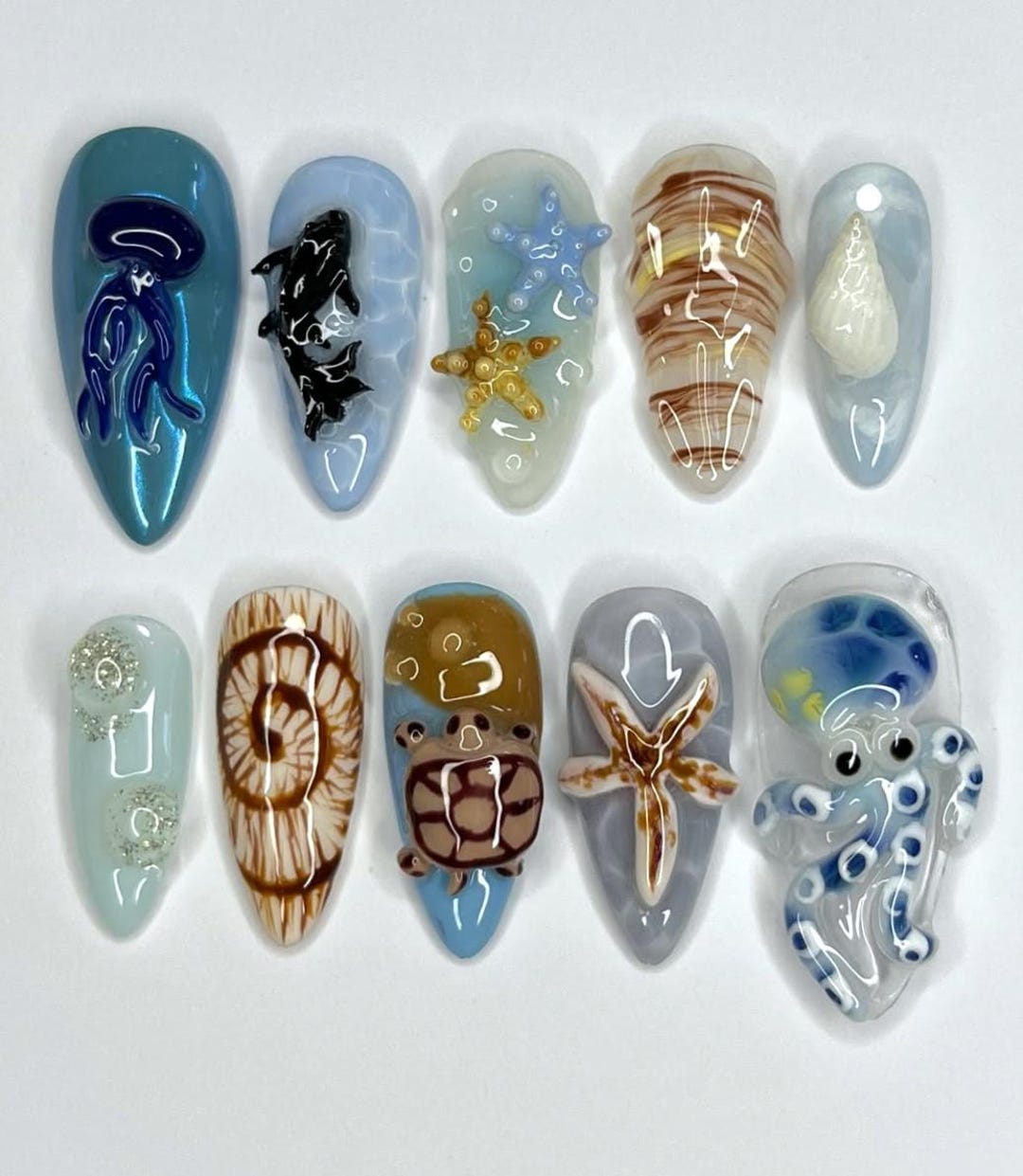 Sea Life Press on Nails, 3D Gel Nails With Octopus, Starfish & Shells ...