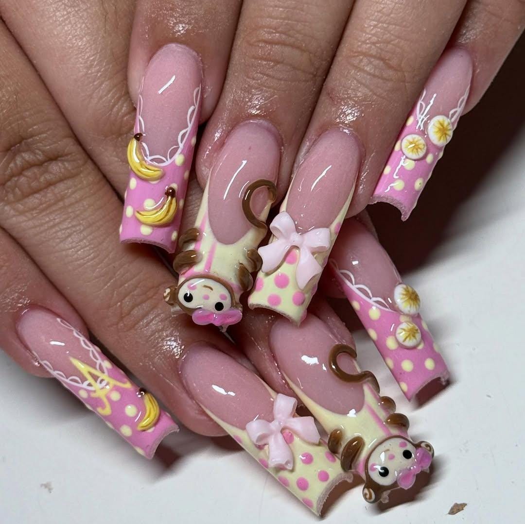 Kawaii Monkey Press on Nails With 3D Banana and Pink Bow, Handmade Cute ...