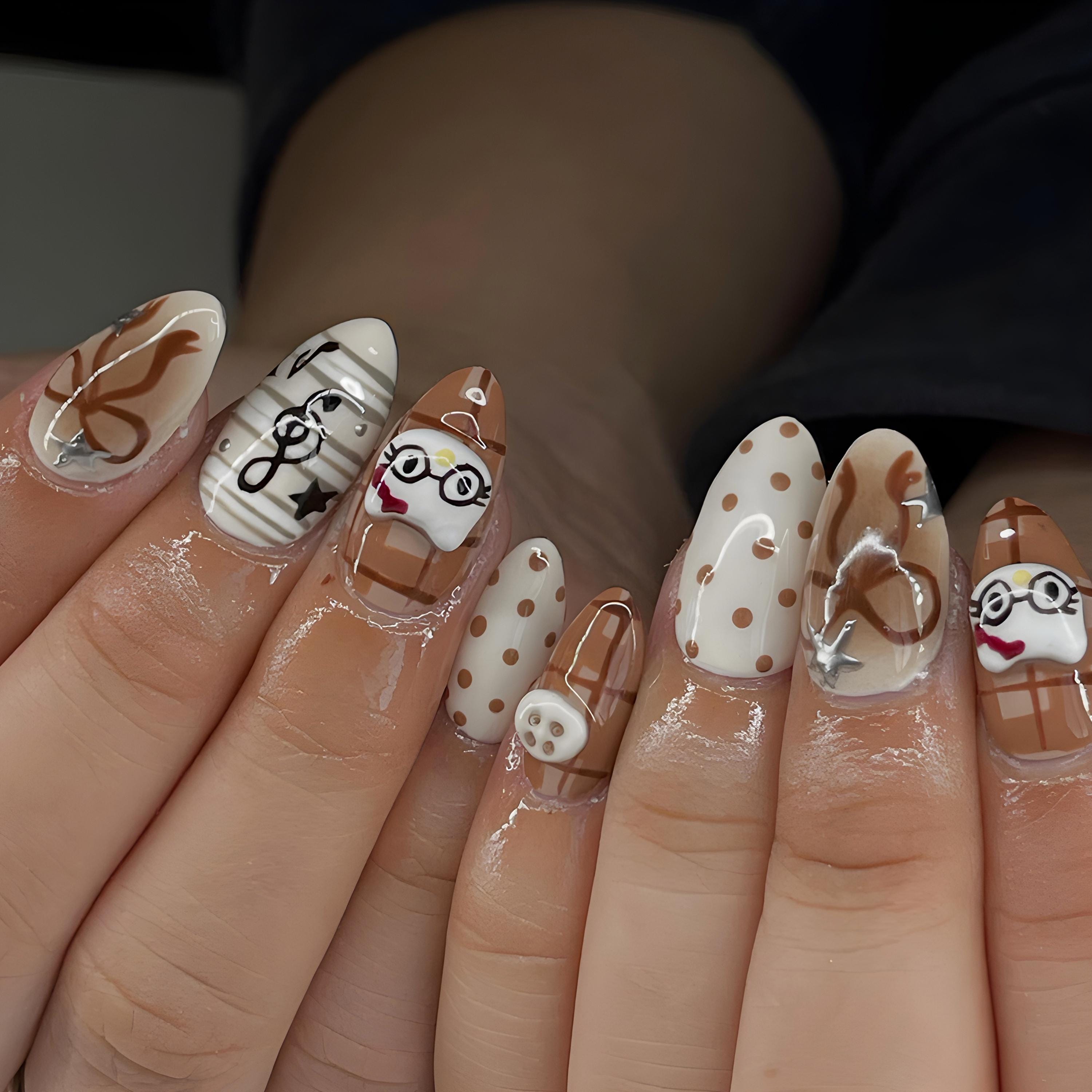 Brown Music Theme Press on Nails, Retro School Aesthetic Nail Set With ...