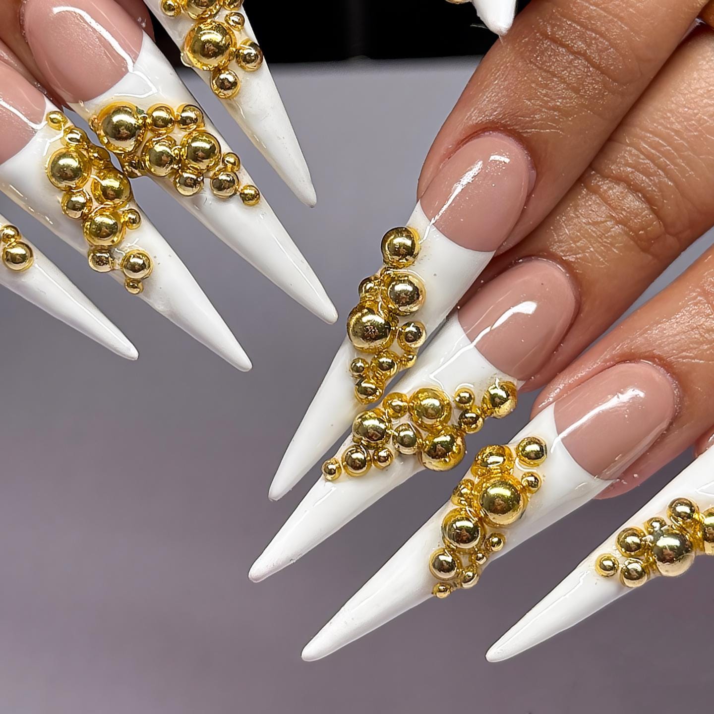 Gold Bubble Stiletto Press on Nails,, Luxury White French Spike Nails ...
