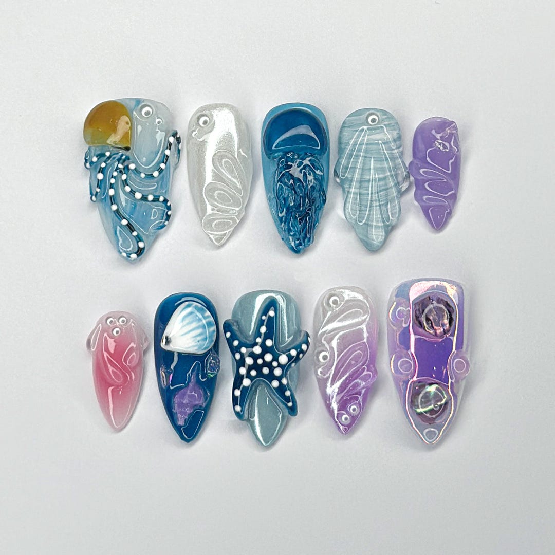 3D Ocean Press on Nails, Blue Beach Theme With Seashell and Starfish ...