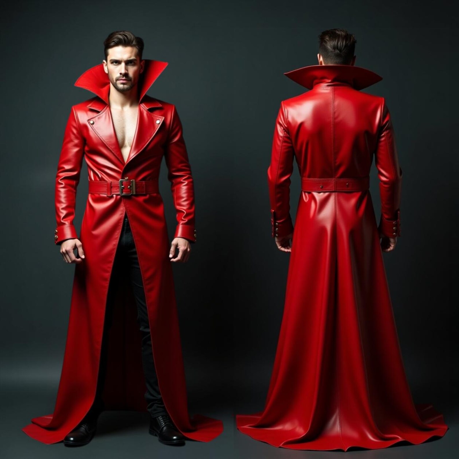 Luxury Red Leather Long Coat – High Collar Belted Design - Etsy
