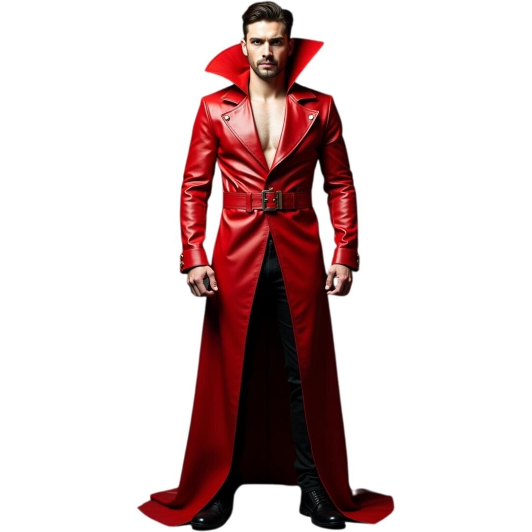 Luxury Red Leather Long Coat – High Collar Belted Design - Etsy