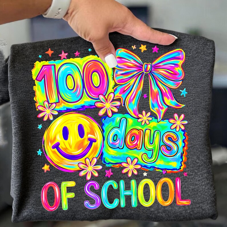 Smiley Neon 100 Days of School PNG, 100th Day of School Png, Teacher ...