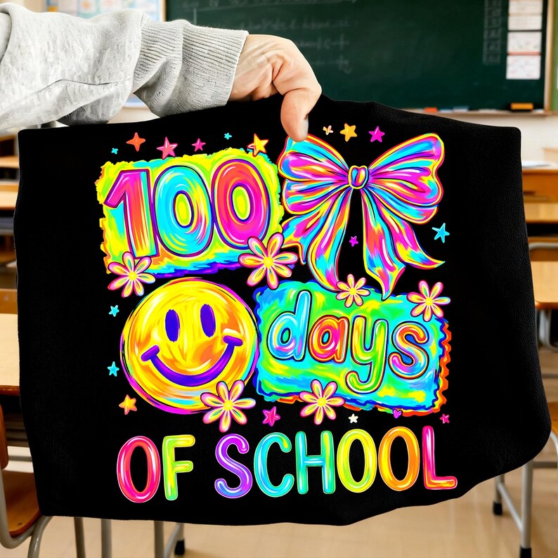 Smiley Neon 100 Days of School PNG, 100th Day of School Png, Teacher ...