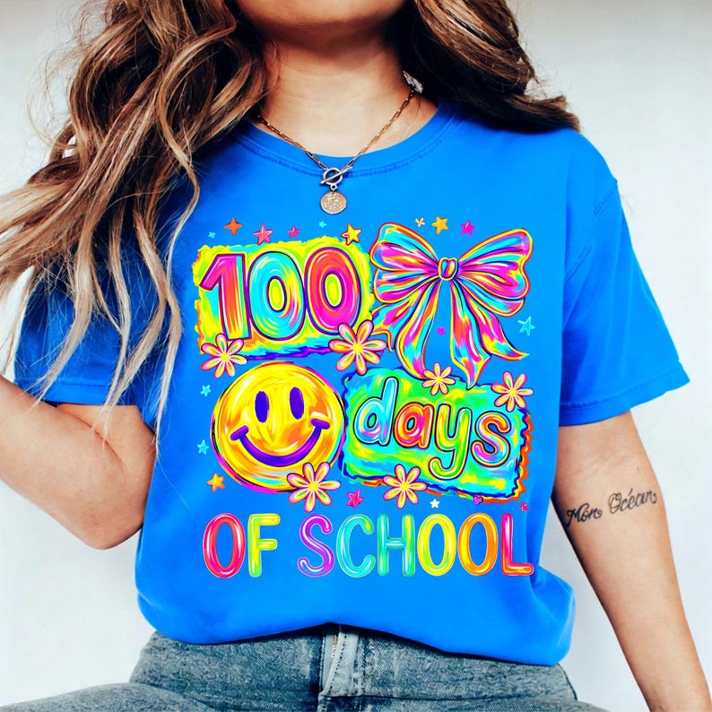 Smiley Neon 100 Days of School PNG, 100th Day of School Png, Teacher ...