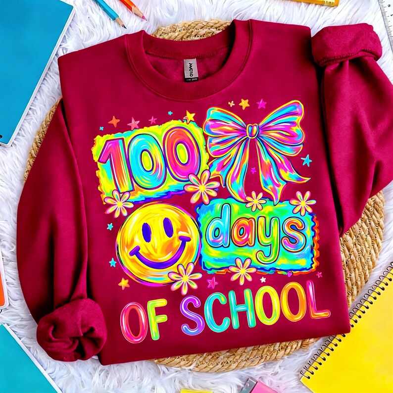 Smiley Neon 100 Days of School PNG, 100th Day of School Png, Teacher ...