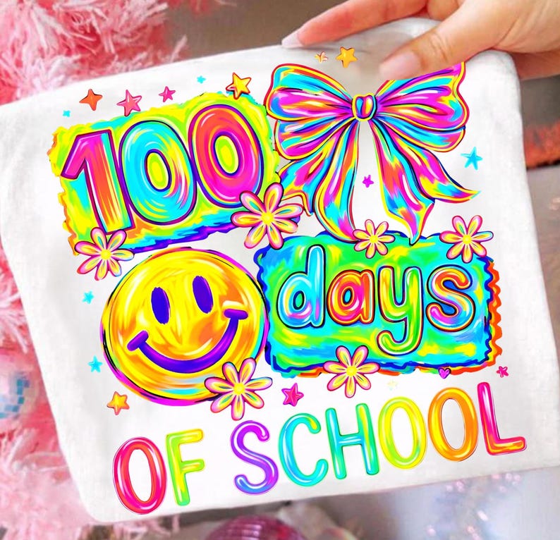 Smiley Neon 100 Days of School PNG, 100th Day of School Png, Teacher ...