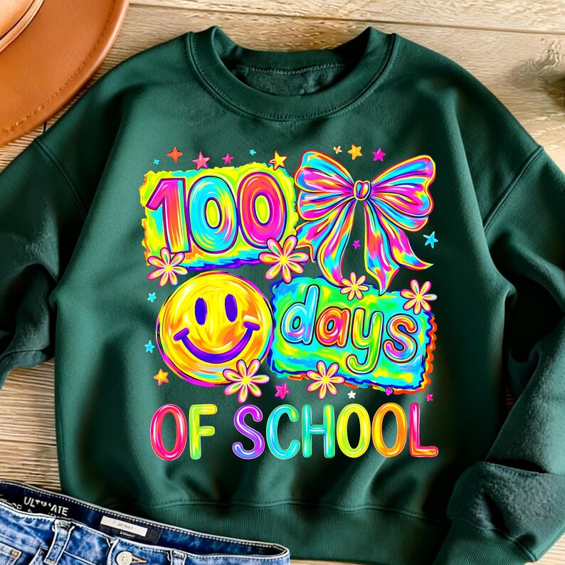 Smiley Neon 100 Days of School PNG, 100th Day of School Png, Teacher ...