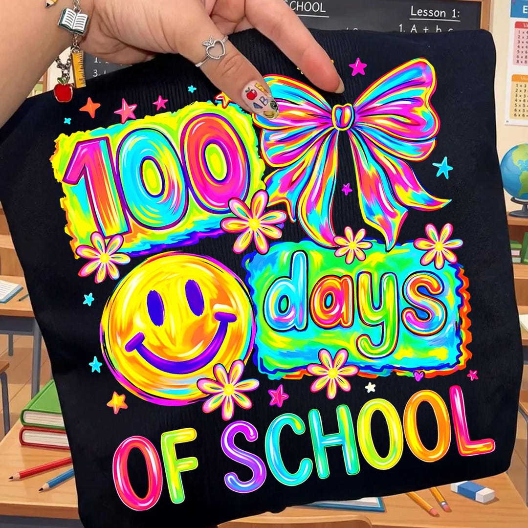 Smiley Neon 100 Days of School PNG, 100th Day of School Png, Teacher ...