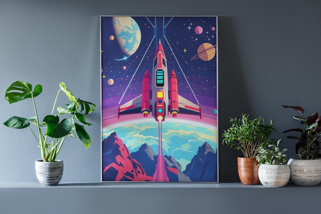 Colourful Pixel Art Spaceship Poster - Retro Futuristic Galaxy Wall ...