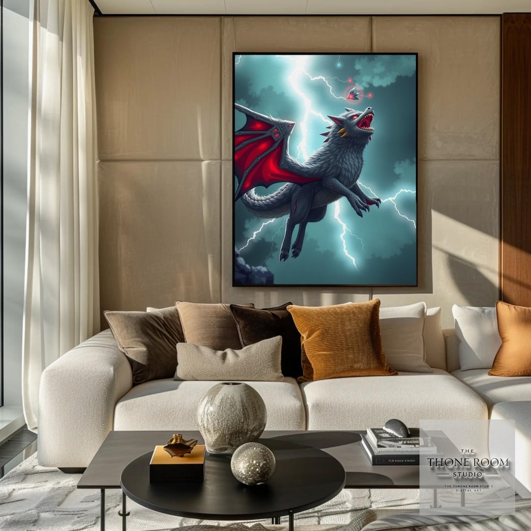 Mythical Flying Dragon Wolf Poster – Fantasy Lightning Animal Wall Art ...