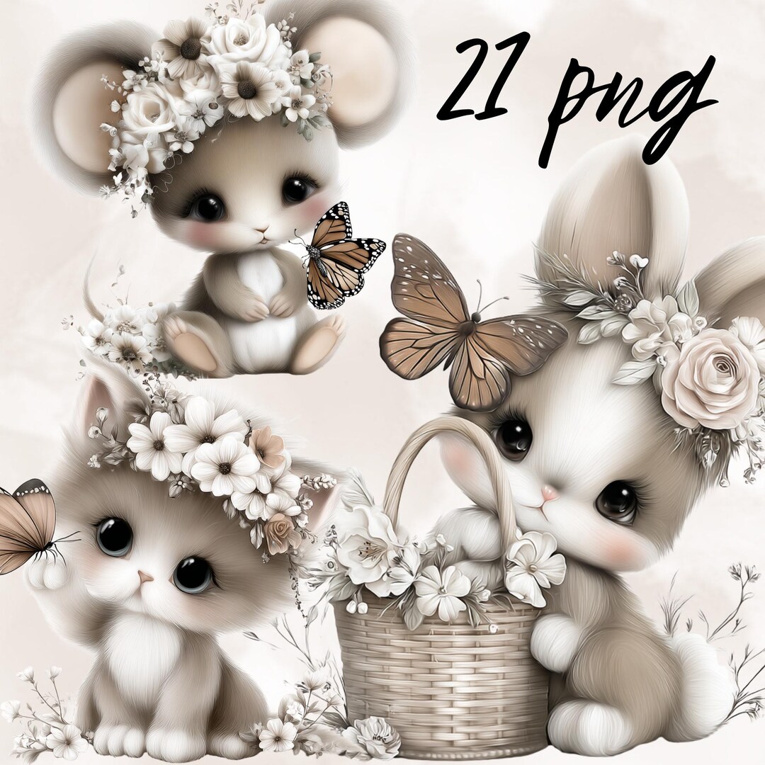 Woodland Animals Clipart PNG, Nursery Decor, Floral Watercolor (digital ...