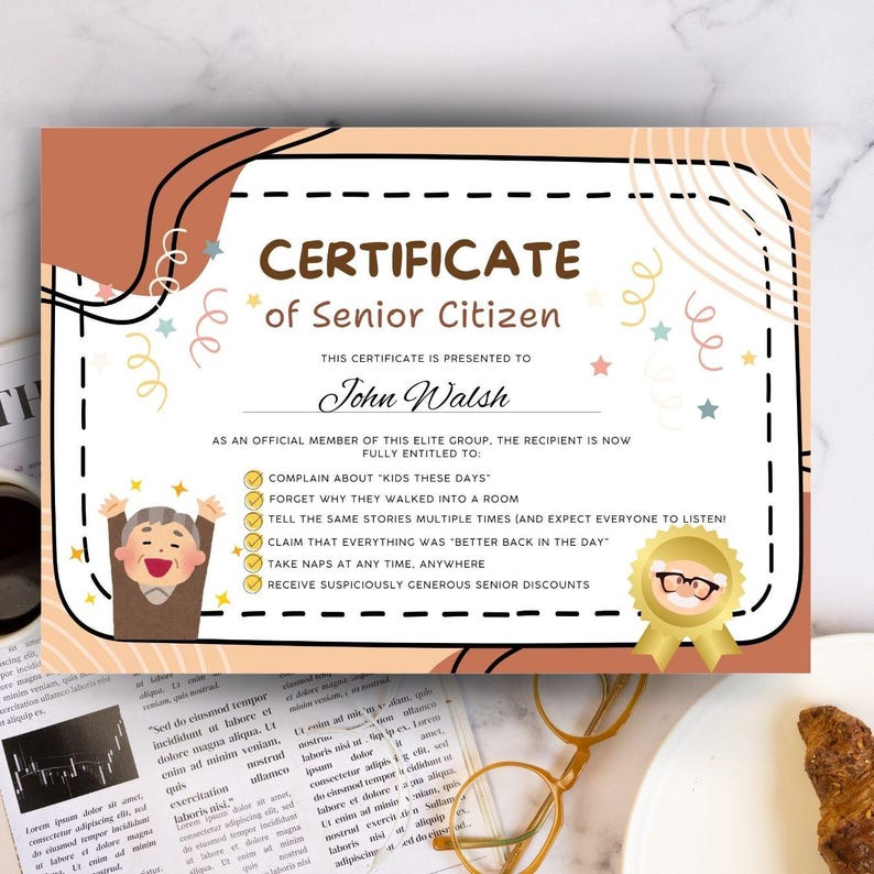 Funny Senior Citizen Certificate: Gag Gift Retirement Printable (PNG ...