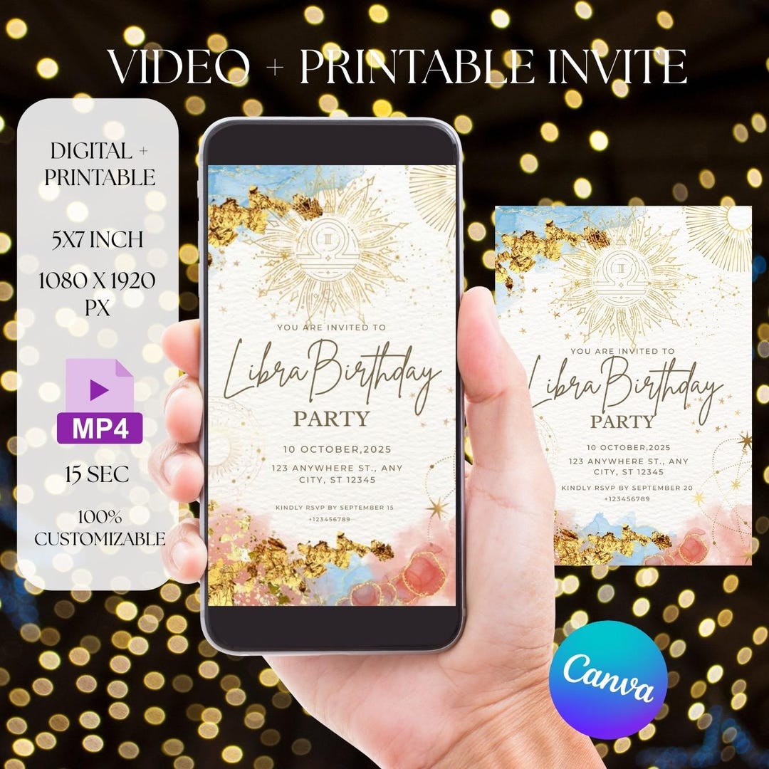 Animated Libra Birthday Invitation, Celestial Zodiac Theme, Digital ...
