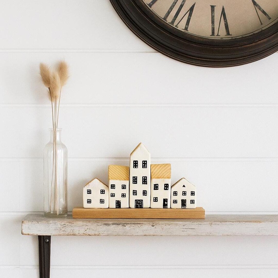 Wooden Miniature Village Decor: Rustic Shelf Ornament. Mini House Set ...