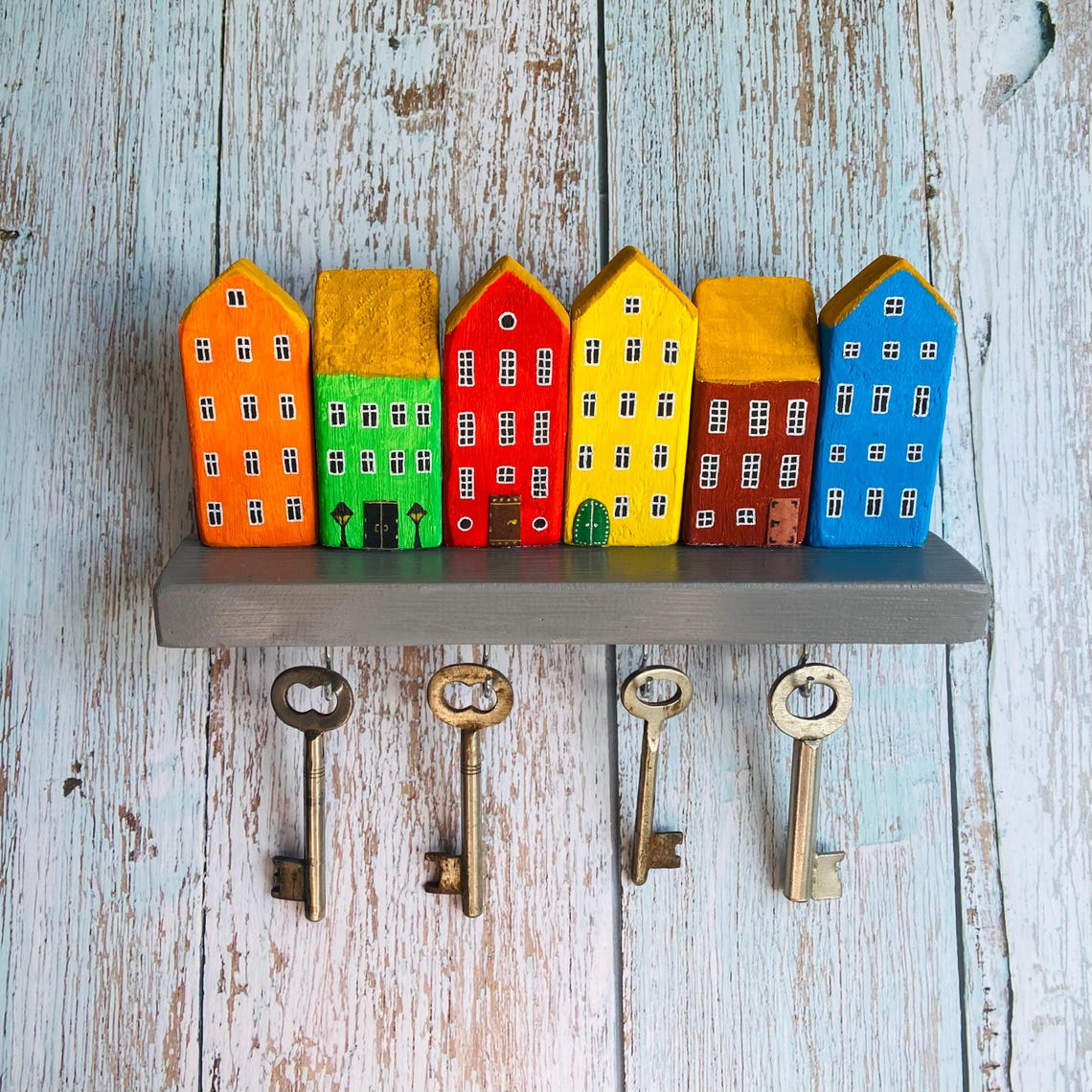 Key Holder: Colorful Wooden Houses – Hand-painted Wall Rack for ...