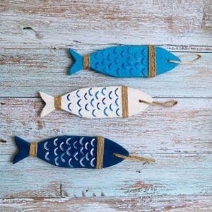 Nautical Wooden Fish Wall Decor, Set of 3 Blue Wooden Fish, Beach House ...