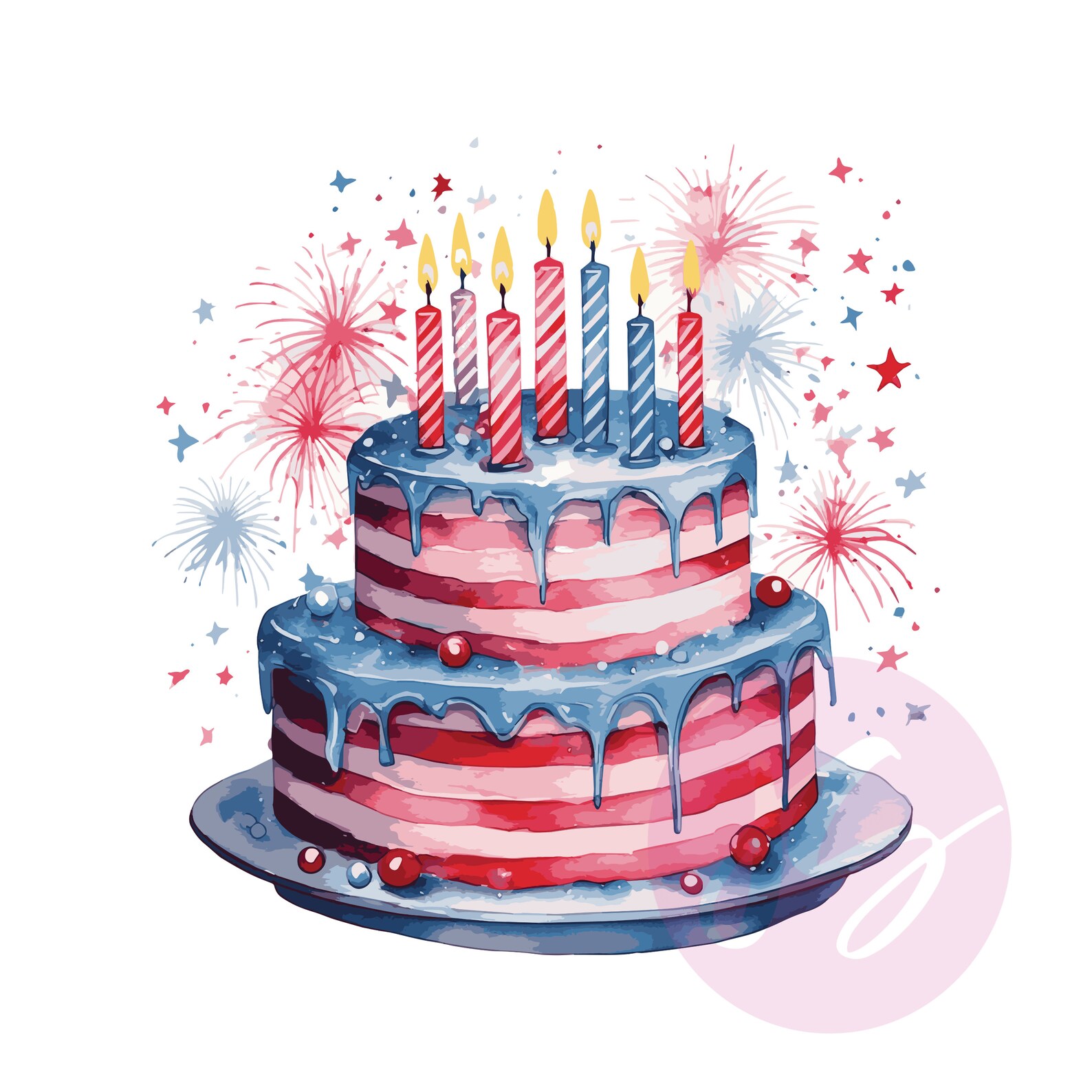 USA Red, White, Blue Birthday Cake Watercolor Clipart, Independence ...