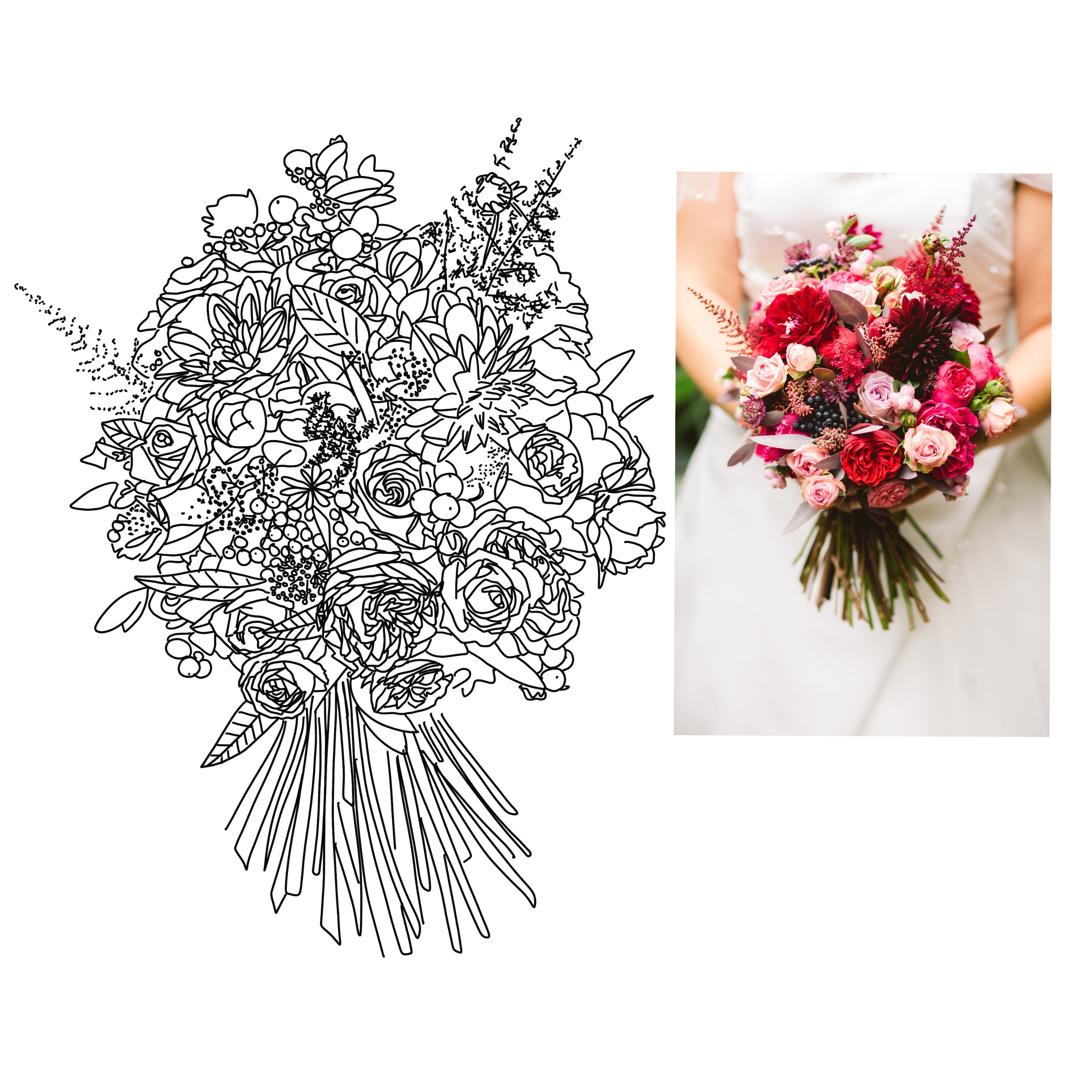 Custom DIGITAL Line Drawing, Contour Drawing, Wedding Flowers, Wedding ...