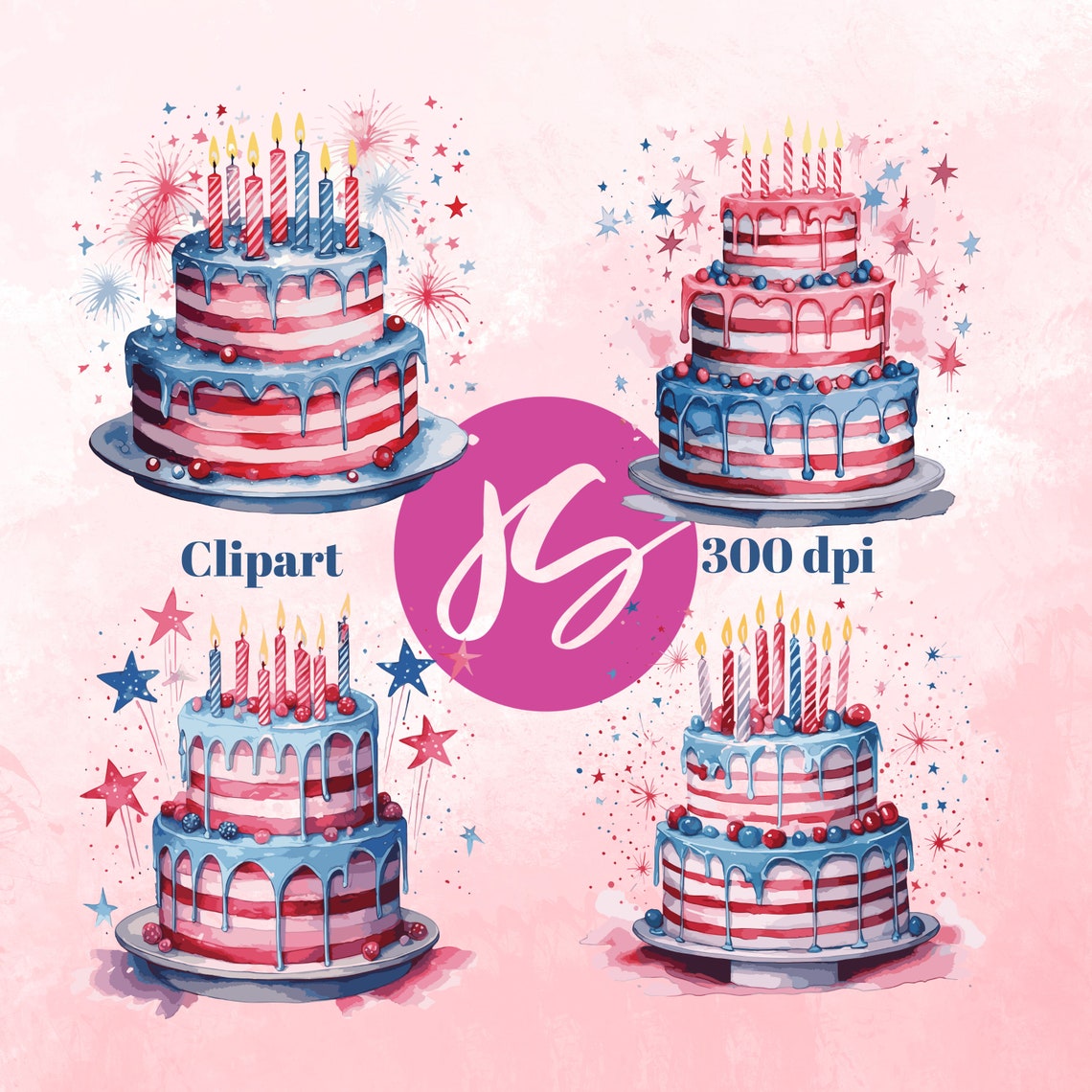USA Red, White, Blue Birthday Cake Watercolor Clipart, Independence ...