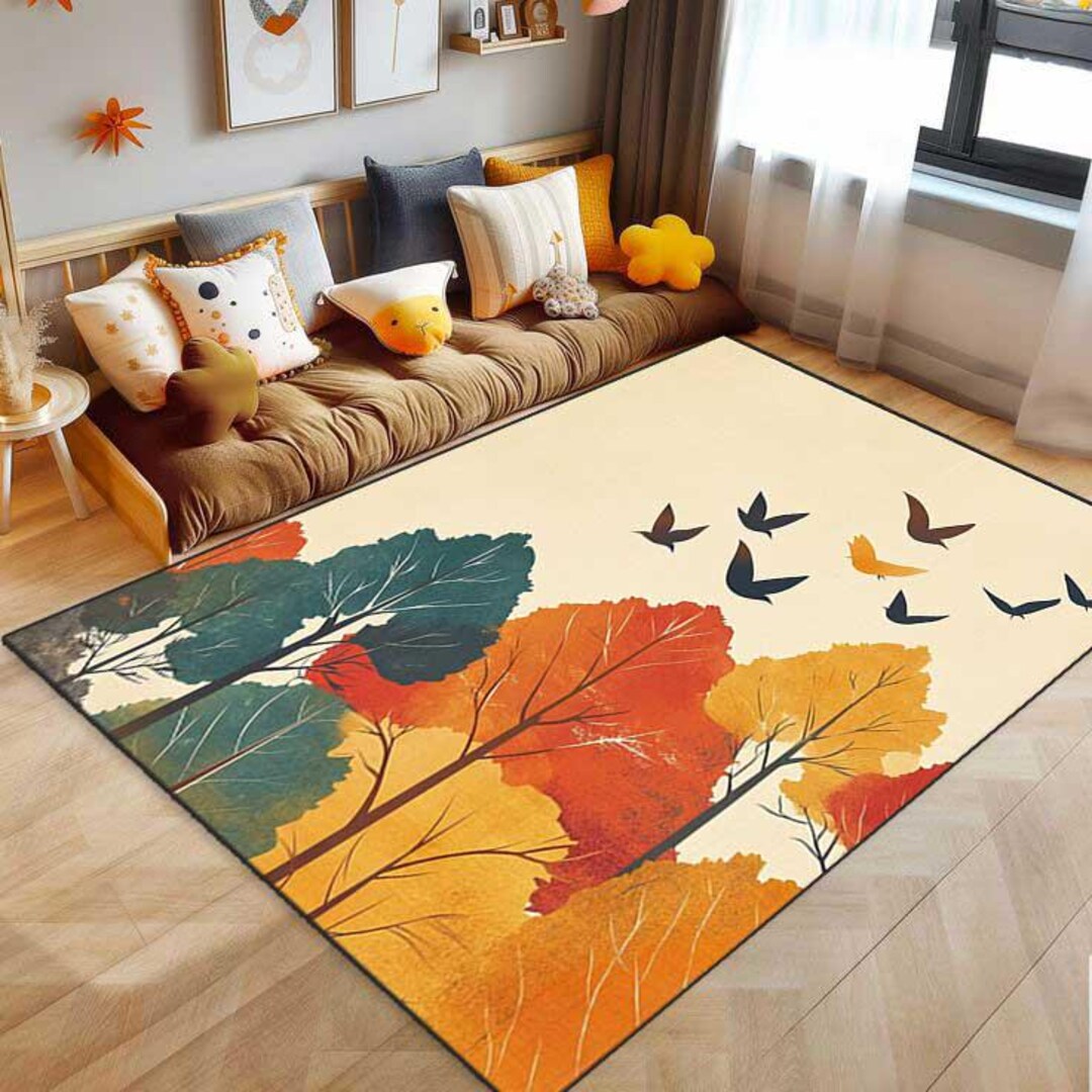 70s Retro Tree and Bird Pattern Rug, Autumn Theme Rug, Nature Inspired ...