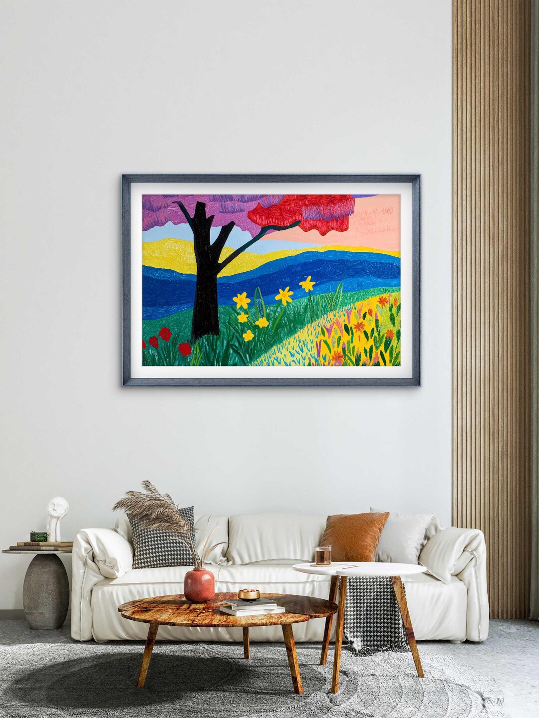 A Colorful Tree, David Hockney Style -tree Landscape With Daffodils ...