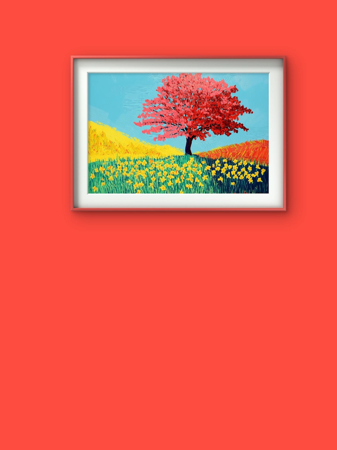 Vibrant Summer Red Tree - David Hockney Inspired Landscape, Digital ...