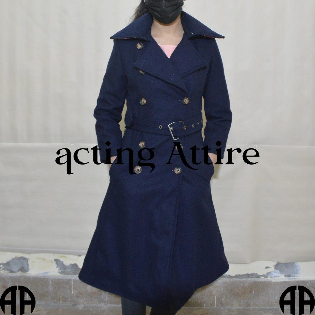 Women Trench Coat, Causal Overcoat, Trench Coat, Navy Blue Wool Frock ...