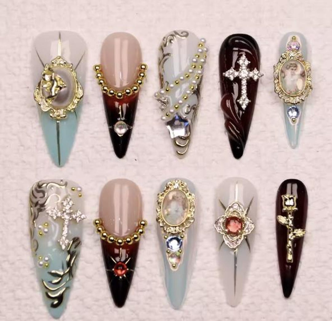 Long Stiletto Cross With Angel Press on Nails Custom Hand Painted ...