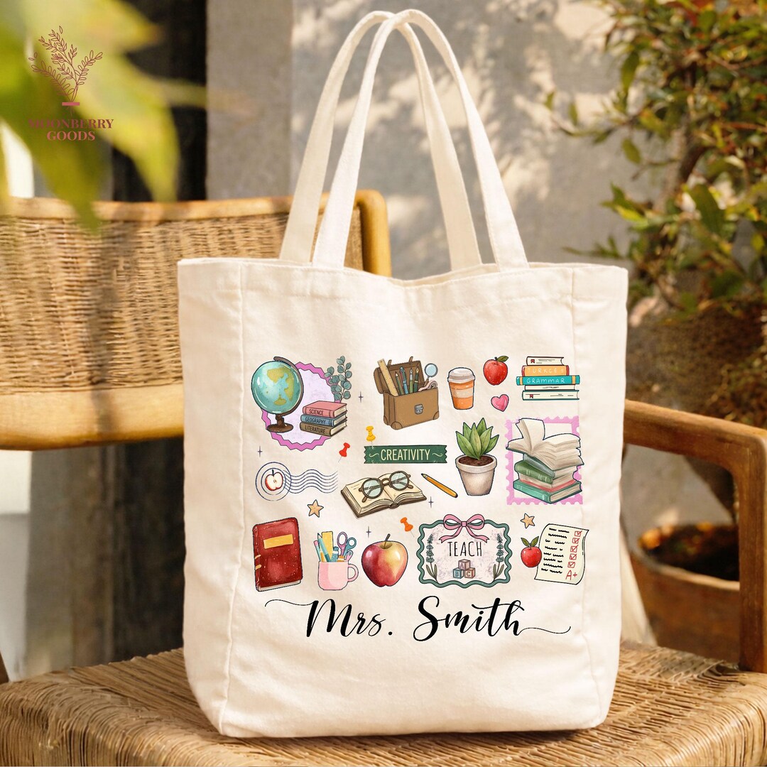 Personalized Teacher Name Tote Bag, Custom Teacher Gift Bag, Teacher ...