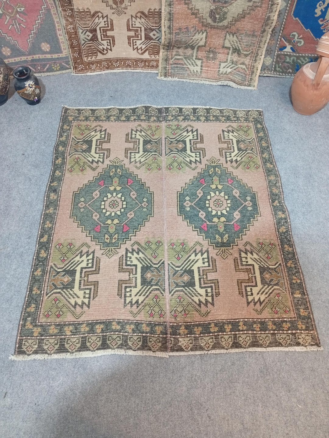 3x4 Rug Red Green Rug, 3x4 Turkish Rug, Oushak Rug, Handmade Small Rug ...