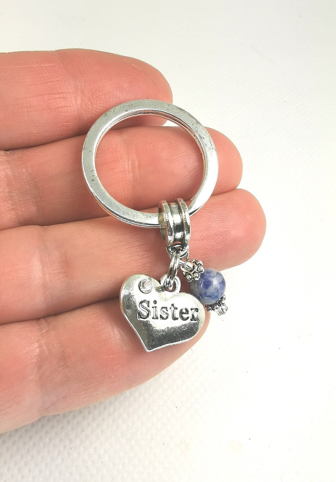 Sister Keychain Charm With Gemstone and Blue Spot Jasper - Sister Heart ...