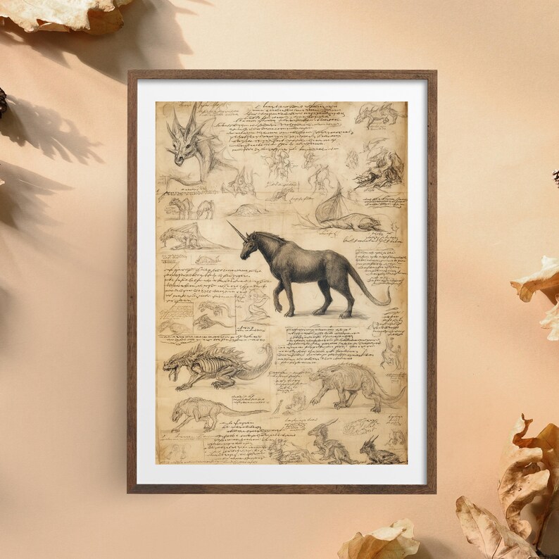 Vintage Mythical Creatures Poster – Unicorn, Dragon & Monster Sketches ...