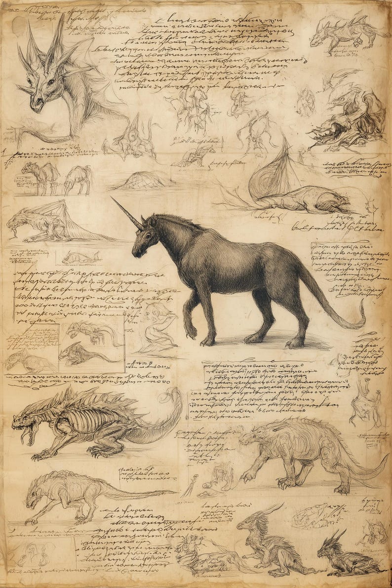 Vintage Mythical Creatures Poster – Unicorn, Dragon & Monster Sketches ...