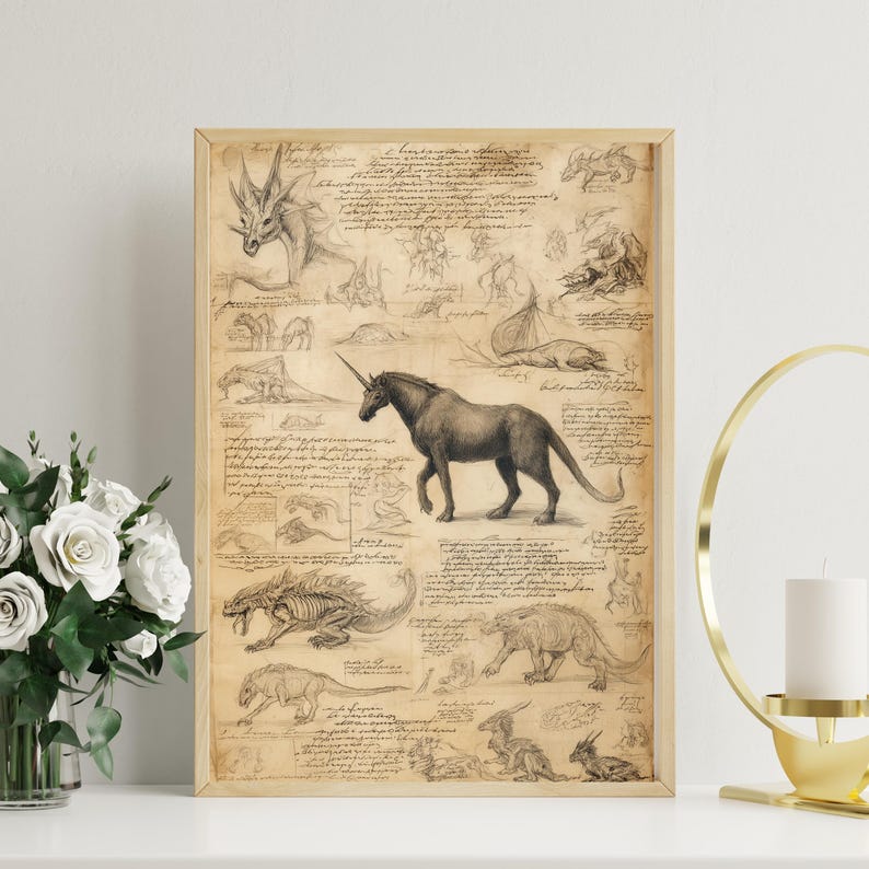 Vintage Mythical Creatures Poster – Unicorn, Dragon & Monster Sketches ...