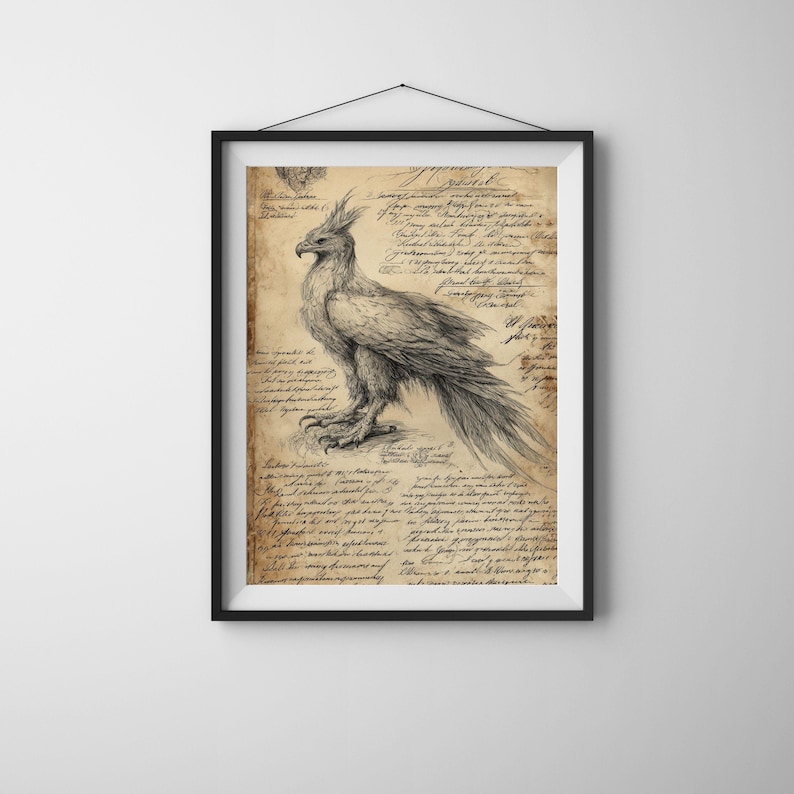 Phoenix Witch Spell Book Page, Magical Creature Poster, Vintage Wizard ...
