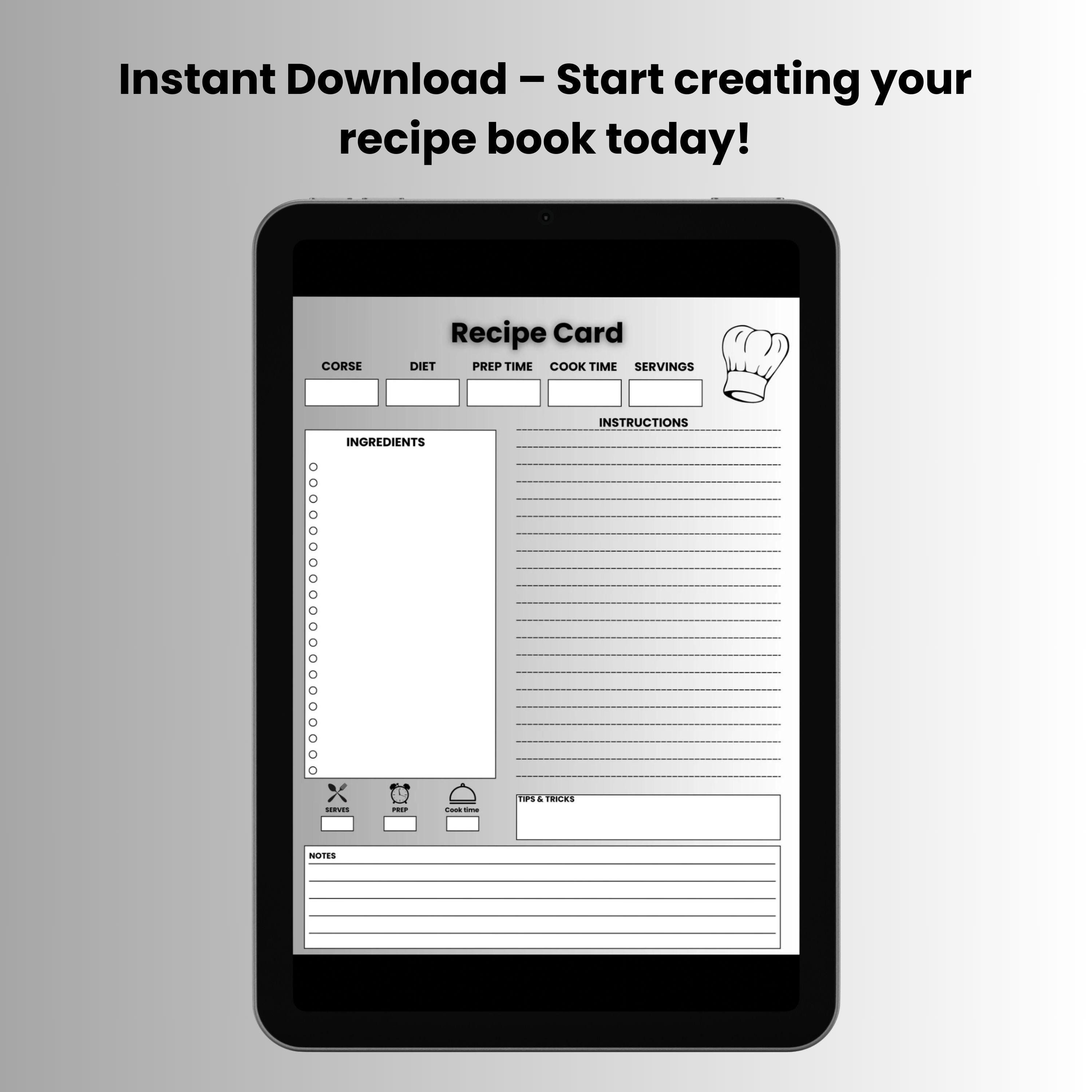 Printable Recipe Book Template | Fillable Recipe Cards and Meal Planner ...