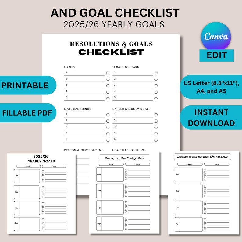Editable Resolutions & Goals Checklist Template | US Letter, A4, A5 ...