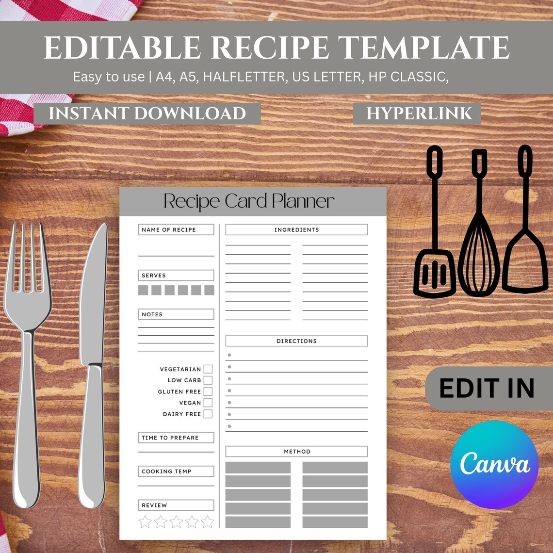 Editable Recipe Card Template | Printable Recipe Canva | Recipe Book ...